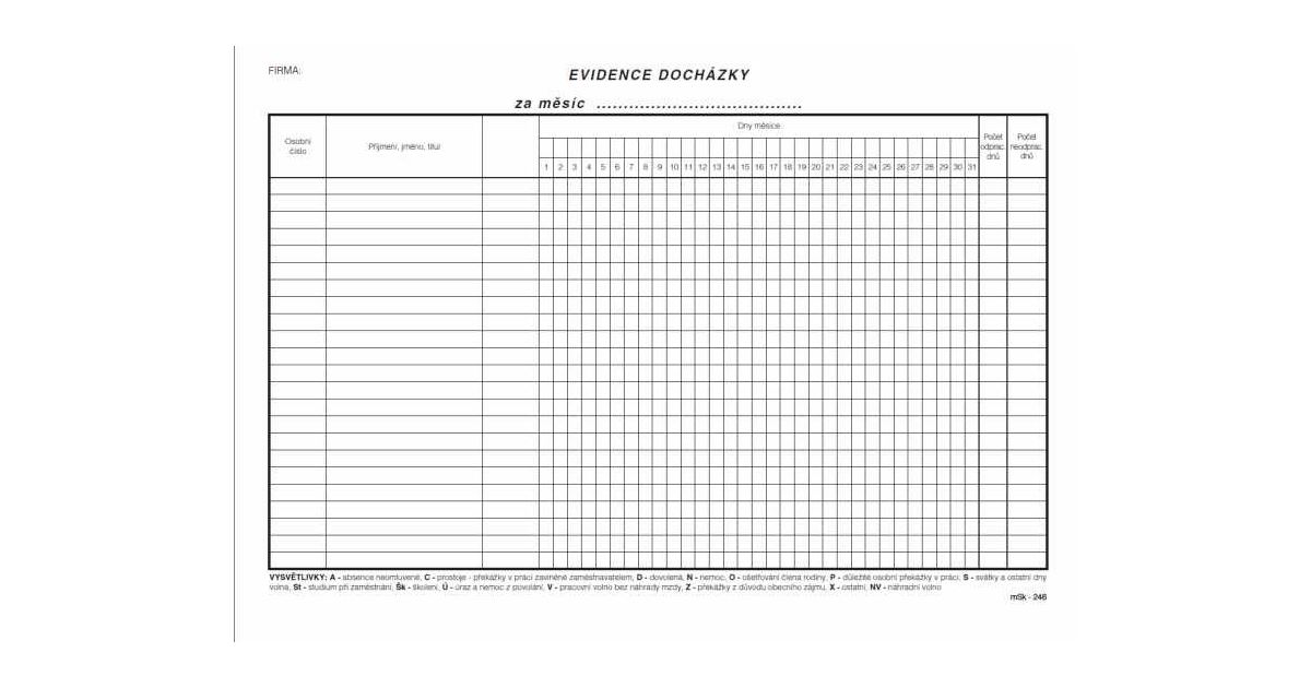Evidence docházky A4 ( blok 100 listů ) | tabule-flipcharty.cz
